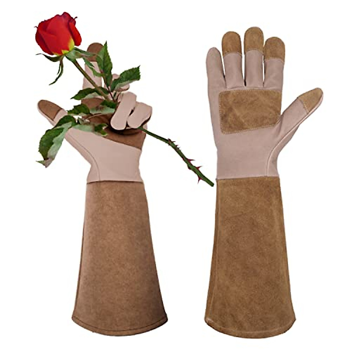 AIGEVTURE Rose Pruning Gloves Long Sleeve Thorn Proof,Rose Gardening Gloves for Men Women Long Gauntlet,Grain Cowhide Leather Brown(Medium)