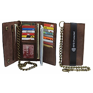 Swiss Marshall Men's RFID Signal Blocking Biker's Vintage Brown Leather Long Tri-fold Chain Checkbook Card ID Wallet (Brown)