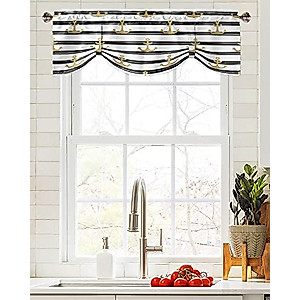 OneHoney Tie Up Curtain Valances Window Topper,Shade Valance for Kitchen Windows Nautical Theme Gold Anchor Rod Pocket Tie-up Curtains Window Treatment Drapes Black White Stripes 1 Panel-42 x18