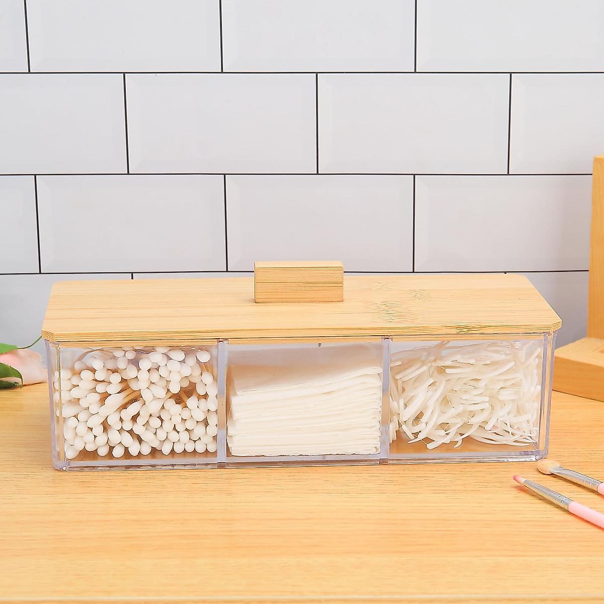 Sohalejr Wood Qtip Holder 3 Compartments Cotton Ball and Swab Holder Organizer with Lid,Jar for Cotton Rounds,Bathroom Containers,Clear Acrylic Desk Organizer for Makeup Pads,Cosmetics Bedroom