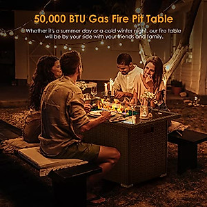 Propane Fire Pit Table, 44" Auto-Ignition Firepit Table for Outside, 50,000 BTU Outdoor Rattan & Wicker Gas Fire Table with Glass Wind Guard for Patio, Pool, Backyard, ETL Certification (Grey)