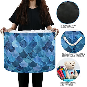 MNSRUU Storage Basket 20"x14" Navy Blue Mermaid Scales Round Storage Organizer Basket with Handles, Fabric Nursery Laundry Basket Large Capacity