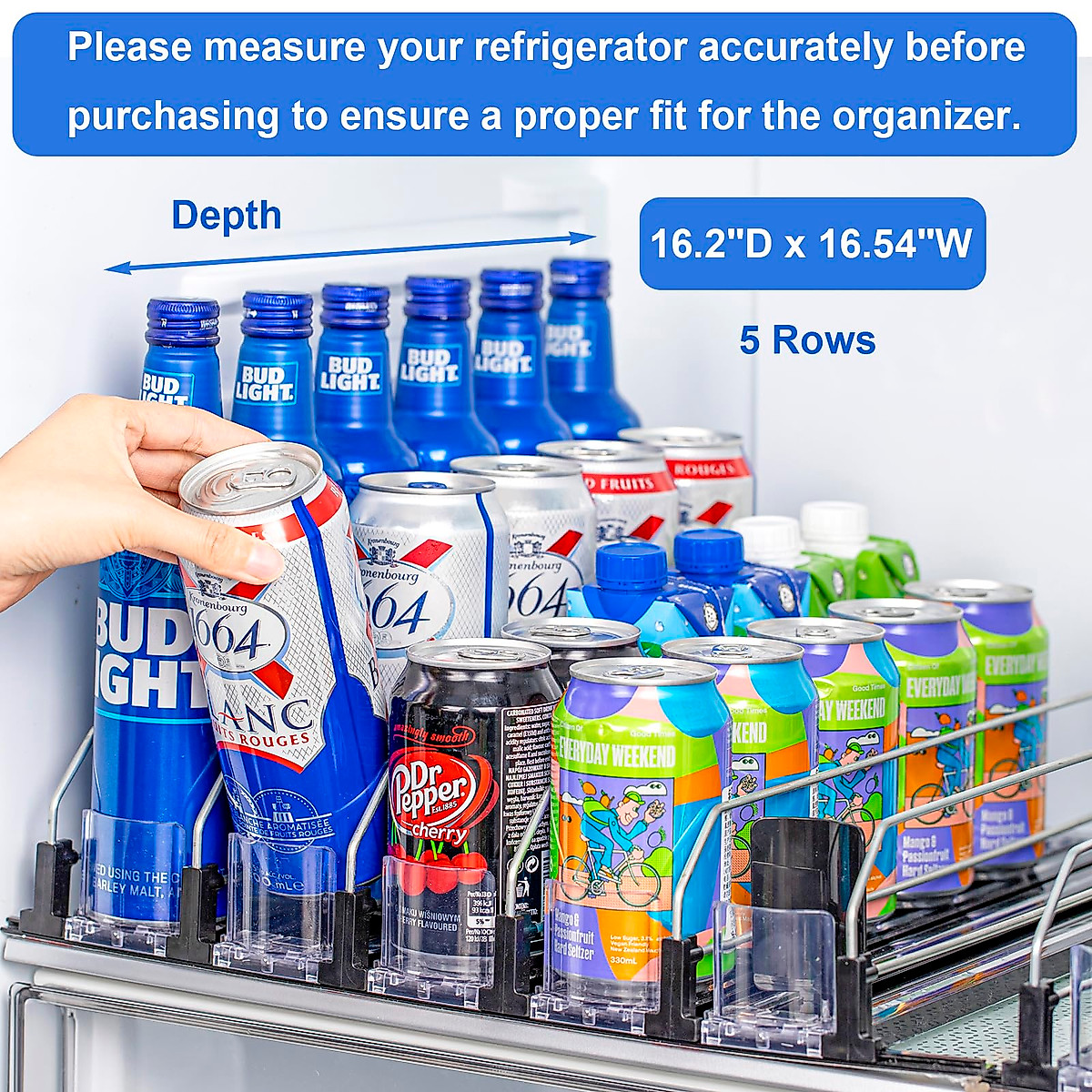 RULA Drink Organizer for Fridge, Self-Pushing Soda Can Dispenser for Refrigerator, Width Adjustable Water Bottle Pusher Glide, 16.2" D, 5 Rows, Black