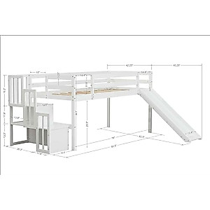 ERYE Twin Size Loft Bed with Slide and Storage Staircase, Wooden Bedframe Bedroom Furniture w/Full-Length Safety Guardrails & Shelves for Kids, Teens, Girls, Boys