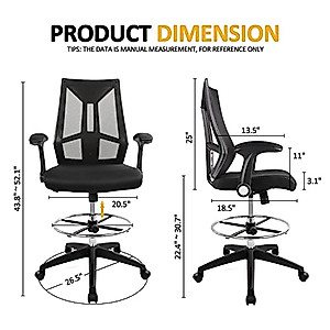 Drafting Chair, Ergonomic High Back Tall Office Chair, Standing Desk Chair Mesh Drafting Stool with Adjustable Foot Ring and Flip-Up Arms(Black)