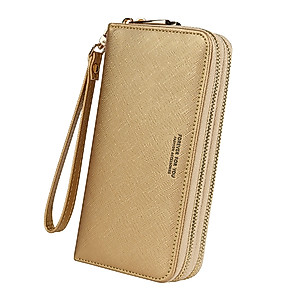 Cynure Women's Large Zipper Card Organizer Long Leather Wristlet Clutch Wallet for Ladies, Gold