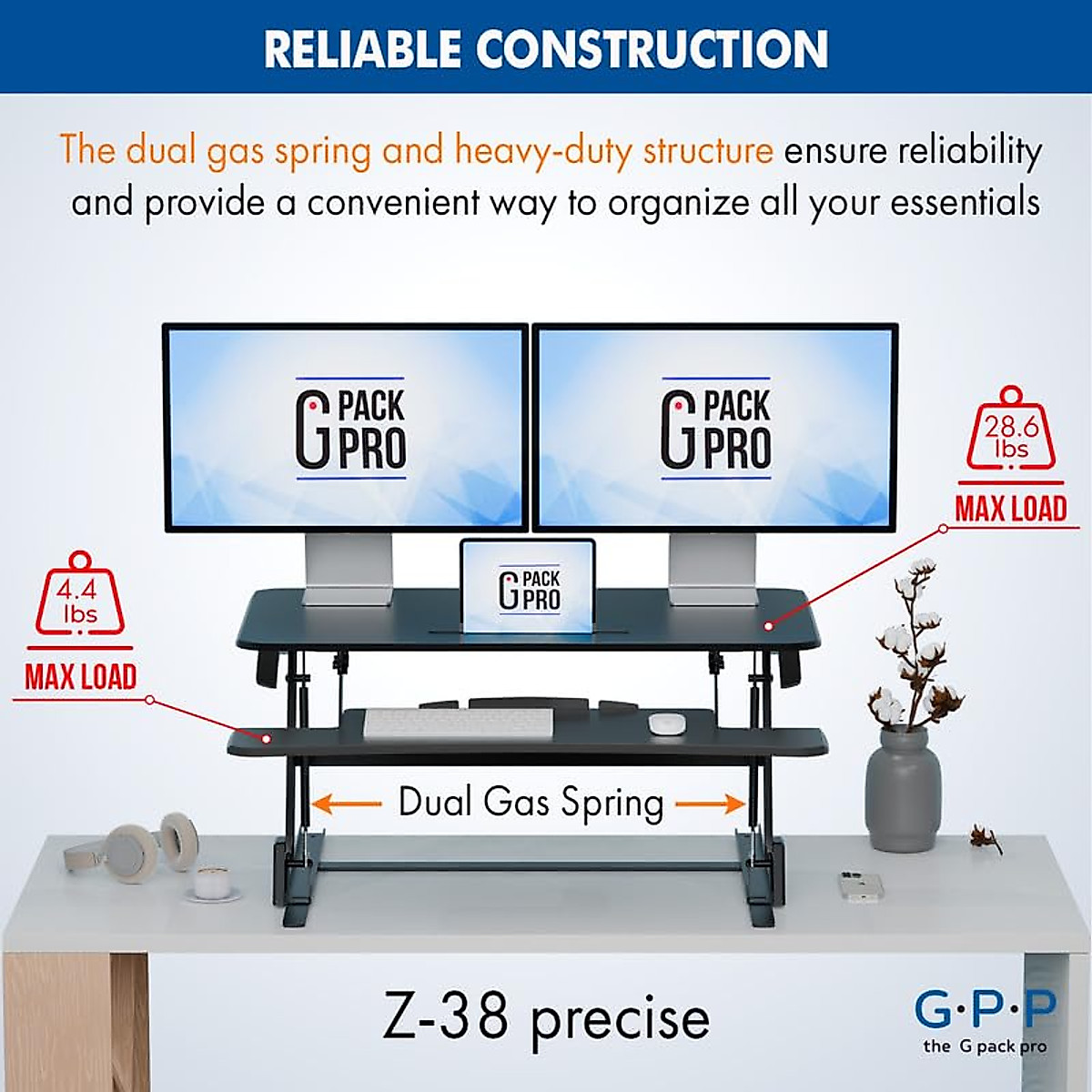 G-PACK PRO Standing Desk Converter - Height Adjustable Sit Stand Desk Riser up to 20.5" - Super Wide 37" Table fits Dual Monitors - 22 Ergonomic Adjustable Standing Desk Workstation Positions