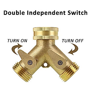 Brass Garden Hose Splitter 2 Way, Heavy Duty Brass Hose Y Splitter, 3/4" Garden Hose Connector, Hose Spigot Adapter with 2 Valves, 2 Extra Rubber Washers