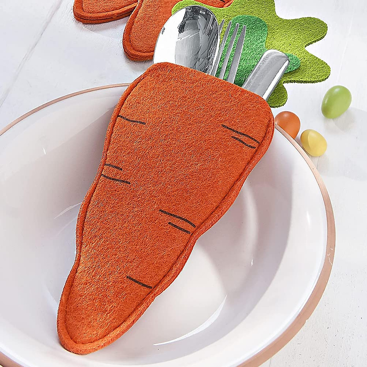 GALPADA 6pcs Carrot and Fork Bag Easter Tableware Bags Cutlery Pouch Flower Embellishments Cutlery Bags Rabbit Dinnerware Easter Decorations Flowers Accessories Felt Cloth Banquet
