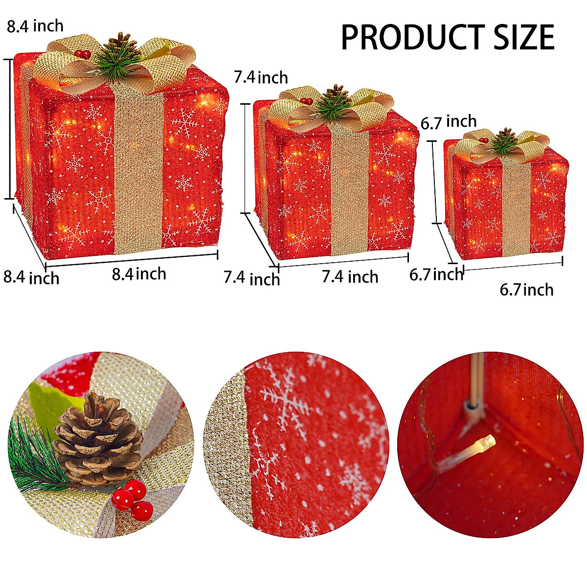 Funpeny Set of 3 Christmas Lighted Gift Boxes, 60 LED Christmas Box Decorations, Presents Boxes with Ribbon Bows Christmas Decorations for Xmas Tree, Yard, Home, Indoor Outdoor Holiday Decor