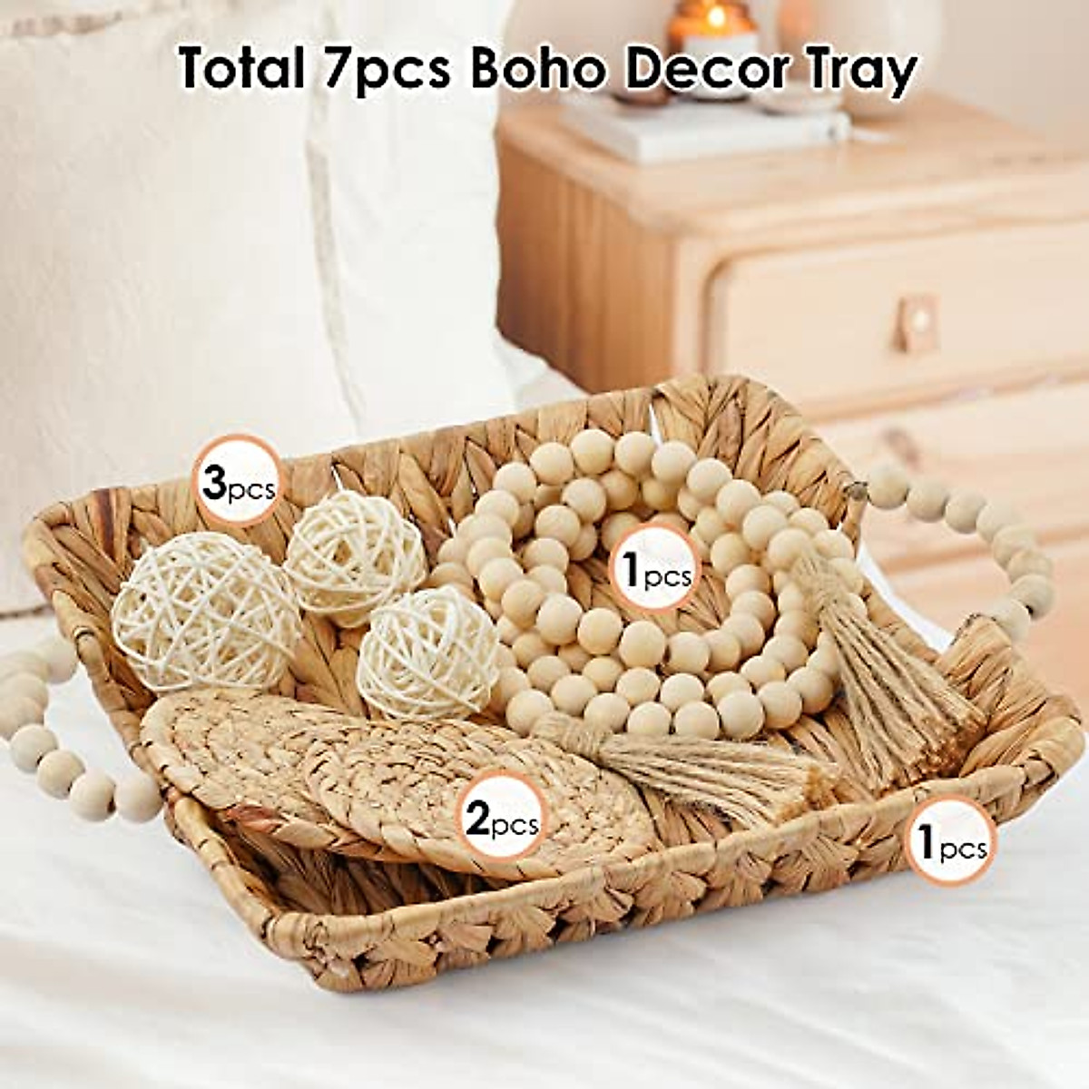 Decorative Tray Square Woven Storage Baskets with Wood Bead Handles Boho Coffee Table Decor Hand-Woven Wicker Serving Tray for Coffee/Fruit