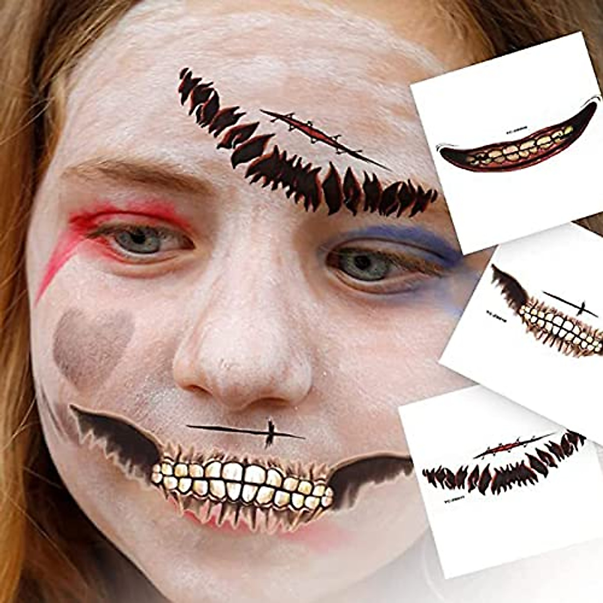 12Pcs Halloween Face Tattoos,Halloween Prank Makeup Temporary Tattoo,Adults Kids Clown Horror Mouth Fake Tattoo Stickers,Face Decals Prank Props for Halloween Cosplay Part