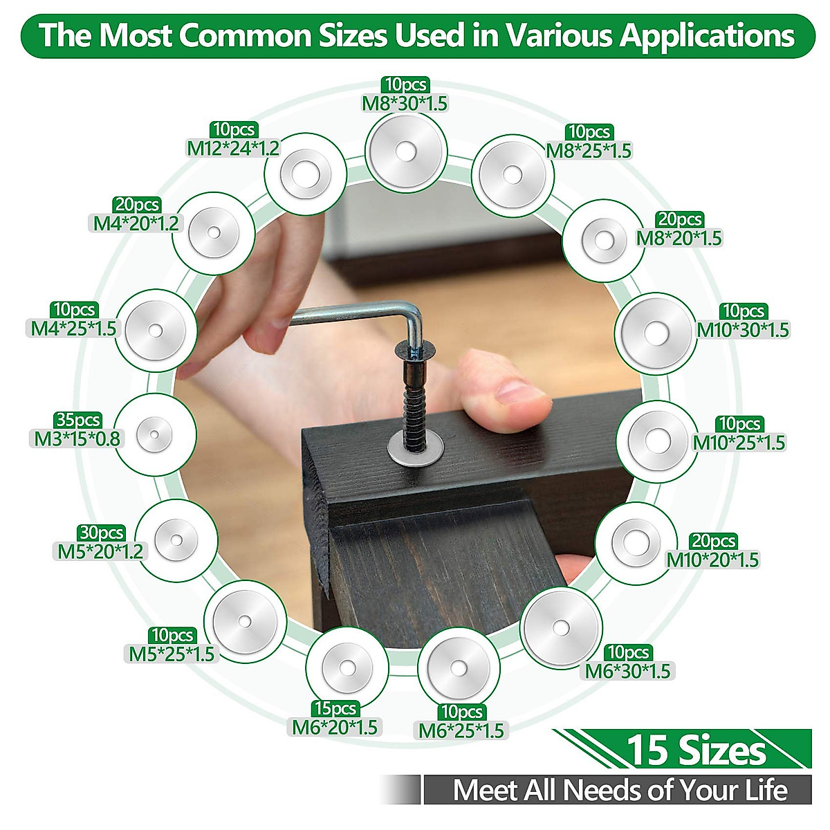 304 Stainless Steel Large Fender Washers Assortment Kit, 230 Pieces 15 Sizes – M3 M4 M5 M6 M8 M10 M12 Suitable for Furniture Installation, Ship Car Assembly, DIY Project, Electrical Connections