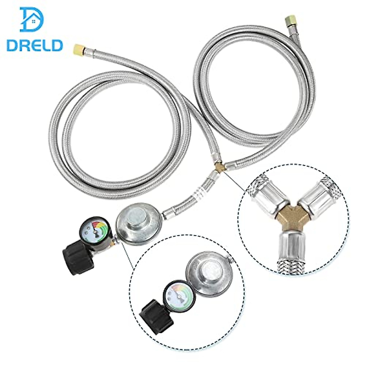 5 Feet Y-Splitter Stainless Braided Hose to 3/8" Female Flare Fitting, Low Pressure Propane Regulator Adapter with Tank Gauge Level Indicator, for LPG Gas Grill, Heaters, Fire Pit Table