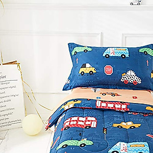 Boys Toddler Bedding Set Navy with Colorful Cars Includes 1 Boys Comforter, Flat Sheet, Fitted Sheet and Pillowcase
