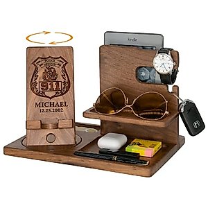 Personalized Engraved Police Officer Graduation Gifts - Custom Wooden Rotating Swivel Stand, Handmade Desk Organizer for Dad, Husband Gift Ideas for Police Academy Grad