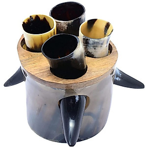 NAQSH Viking Culture Drinking Horn Cup 4 Set -2-3oz - Horn Mugs With Stand, Handmade Cool & Unique Ox Norse for Hot & Cold Drinks Gift for Men and Women (Polished 4 Small Horns)