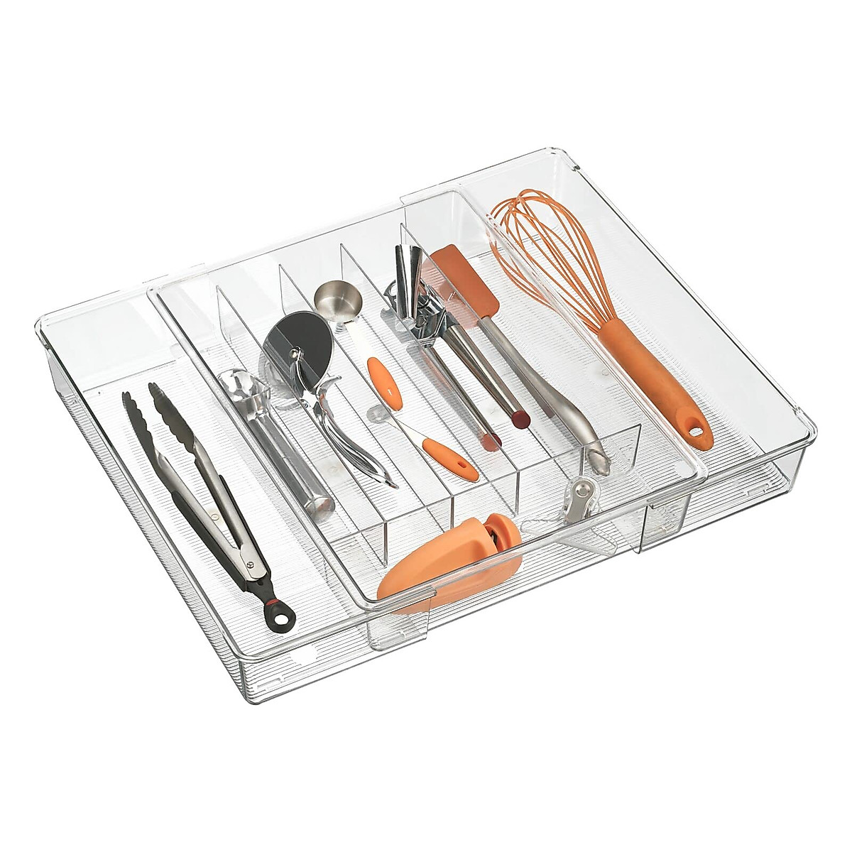 mDesign Dual Expandable Plastic In-Drawer Utensil Organizer Tray Deep 6 Divided Sections for Kitchen Organization; Holds Cutlery, Flatware, Silverware, Cooking Utensils, Ligne Collection - Clear