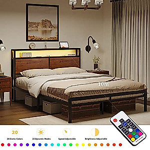 HAUSOURCE Queen Bed Frame with Storage Headboard LED Lights Metal Platform Non-Slip Without Noise Mattress Foundation Strong Metal Slats Support No Box Spring Needed