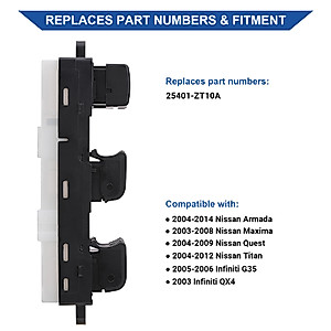 Obaee Master Window Switch Driver Side Compatible with Nissan Titan Crew Cab 2004-2012 / Armada 2004-2014 / Maxima 2003-2008 / Quest 2004-2009, Infiniti G35 / QX4, Replaces 25401-ZT10A 25401ZT10A