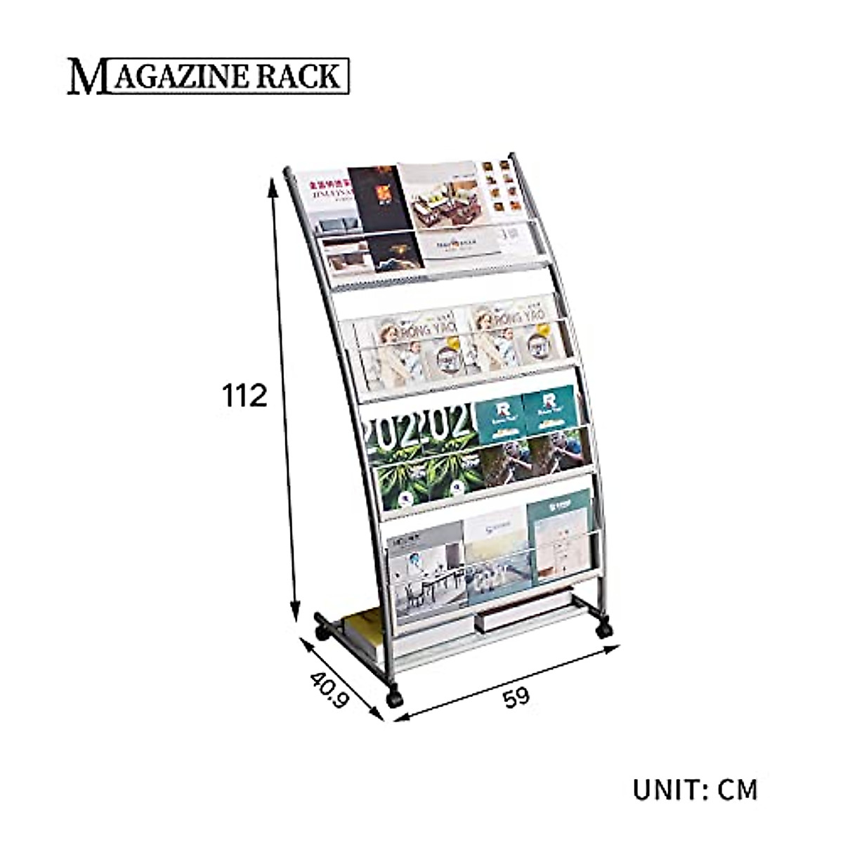 XIDIANOK Brochure Display Stand , Floor-Standing Magazine Rack with 4 Pockets , Information Rack With casters Easy to Move for Trade Show Exhibitions Office Retail Store 44.1" H