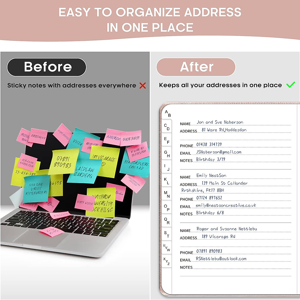 Taja Address Book with Alphabetical Tabs,Hardcover Address Book Large Print for Record Contacts, Small Address Book to Store All Your Important Informations In One Place - Rose Gold