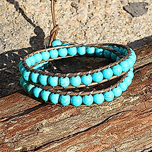 KELITCH 6mm Turquoise Beads 2 Wrap Bracelets Natural Crystal Stone Beaded Bracelet Women Agate Leather Bracelets Bangles