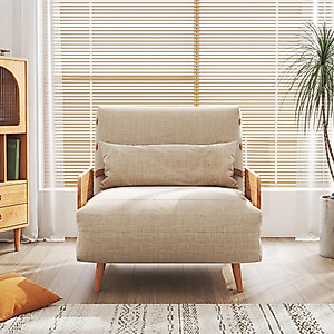 JASIWAY Modern Sofa Bed, 3 in 1 Sleeper Chair Bed Futon Sofa Bed Chaise Lounge Chair for Living Room Bedroom Office, Solid Wood Leg, Linen Fabric Beige Chair, 76.4" D x 27.6" W