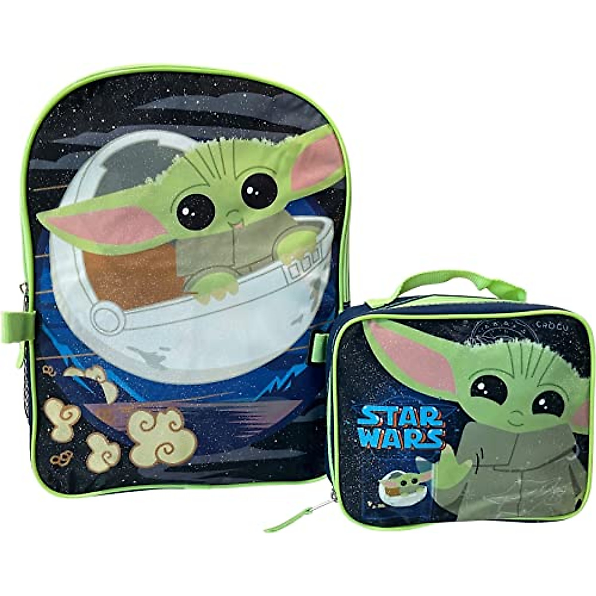 Fast Forward Star Wars The Mandalorian Baby Yoda 15 Inch Kids Backpack With Removable Lunch Box (Grey-Navy-Green)