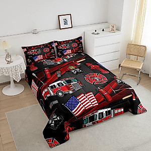 American Flag Comforter Set Queen Size,Cartoon Fire Truck Bedding Set 3pcs for Kids Teen Girls Boys Room Decor, Fire Fighting Supplies Quilt Set Fire Extinguisher Duvet Insert with 2 Pillowcases