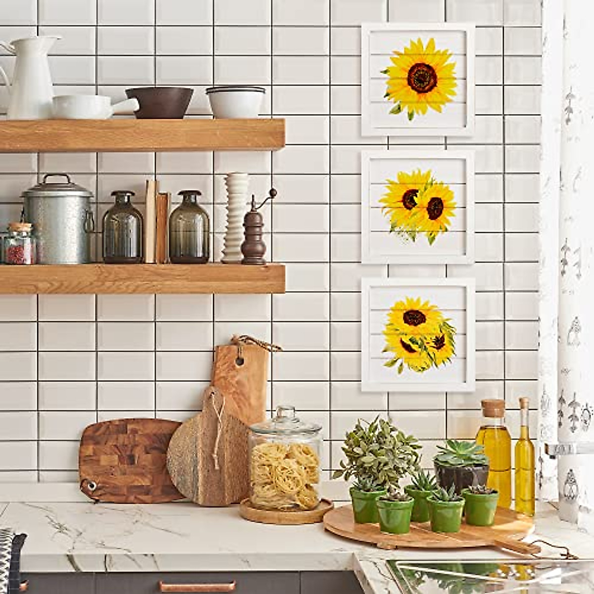 Sunflower Wall Decor Set of 3 - Rustic 8x8 Inch Printed Panels for Home, Bathroom, Kitchen, or Office - Sunflower Gifts for Women Wood Flower Pictures Design Theme Clearance Decorations Sun Flowers to Brighten Up Any Space
