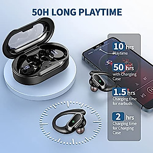 Wireless Earbuds Headphones Bluetooth 5.3, 50H Playtime Over Ear Buds with Noise Cancelling Mic, LED Display, Stereo Bass Bluetooth Earbuds with Earhooks, IP7 Waterproof Earphones for Sports Workout