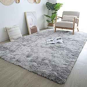 Grey Shag Area Rug 9x12 - Large Soft Fluffy Plush Grey Rugs for Bedroom Living Room - Non Slip Modern Shaggy Fuzzy Floor Carpet,Tie-dyed Light Gray,