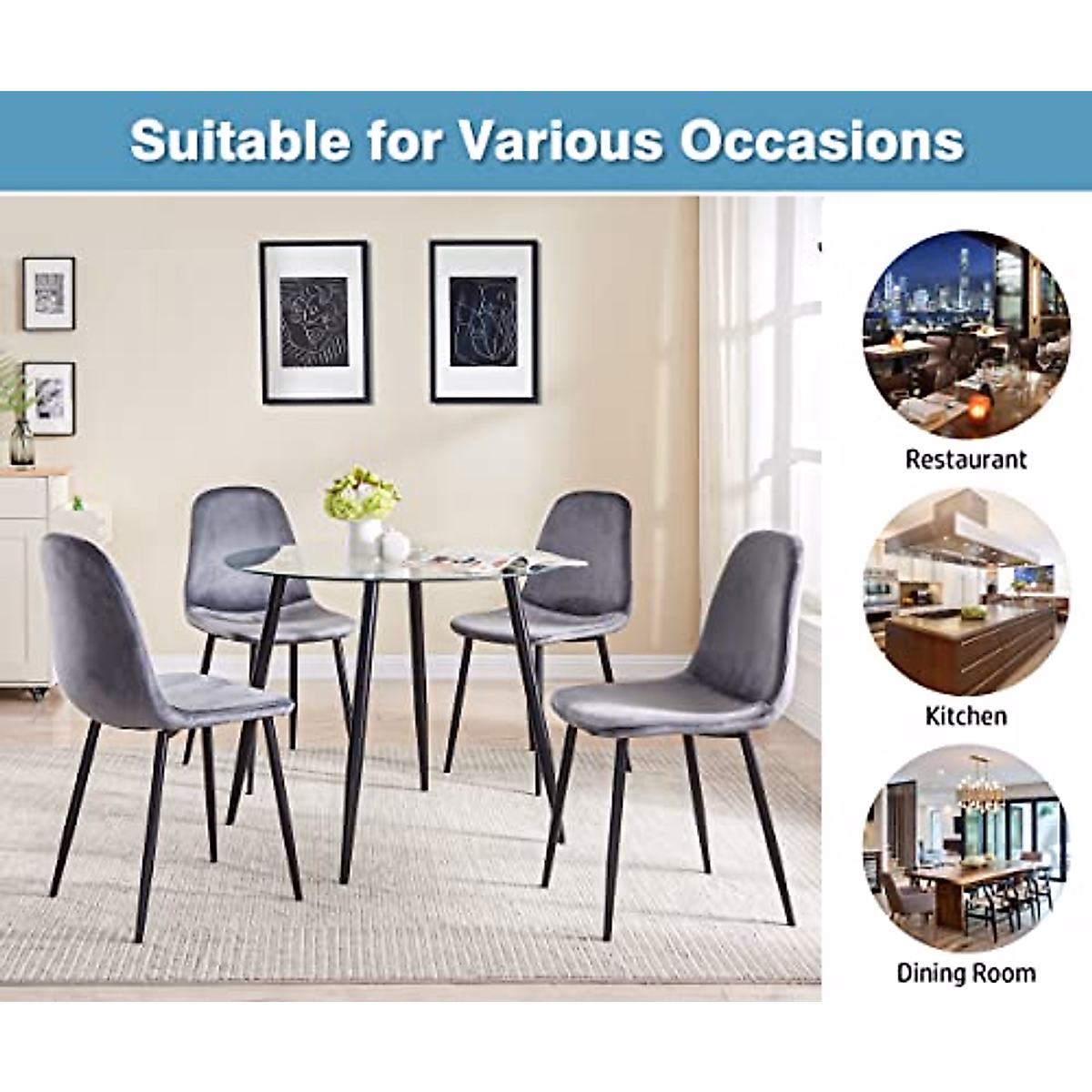 STYLIFING Dining Table Set for 4 Modern 5 Pieces Dining Room Set Mid Century Round Tempered Glass Kitchen Table and 4 Deep Grey Modern Velvet Fabric Upholstered Kitchen Chair with Metal Legs