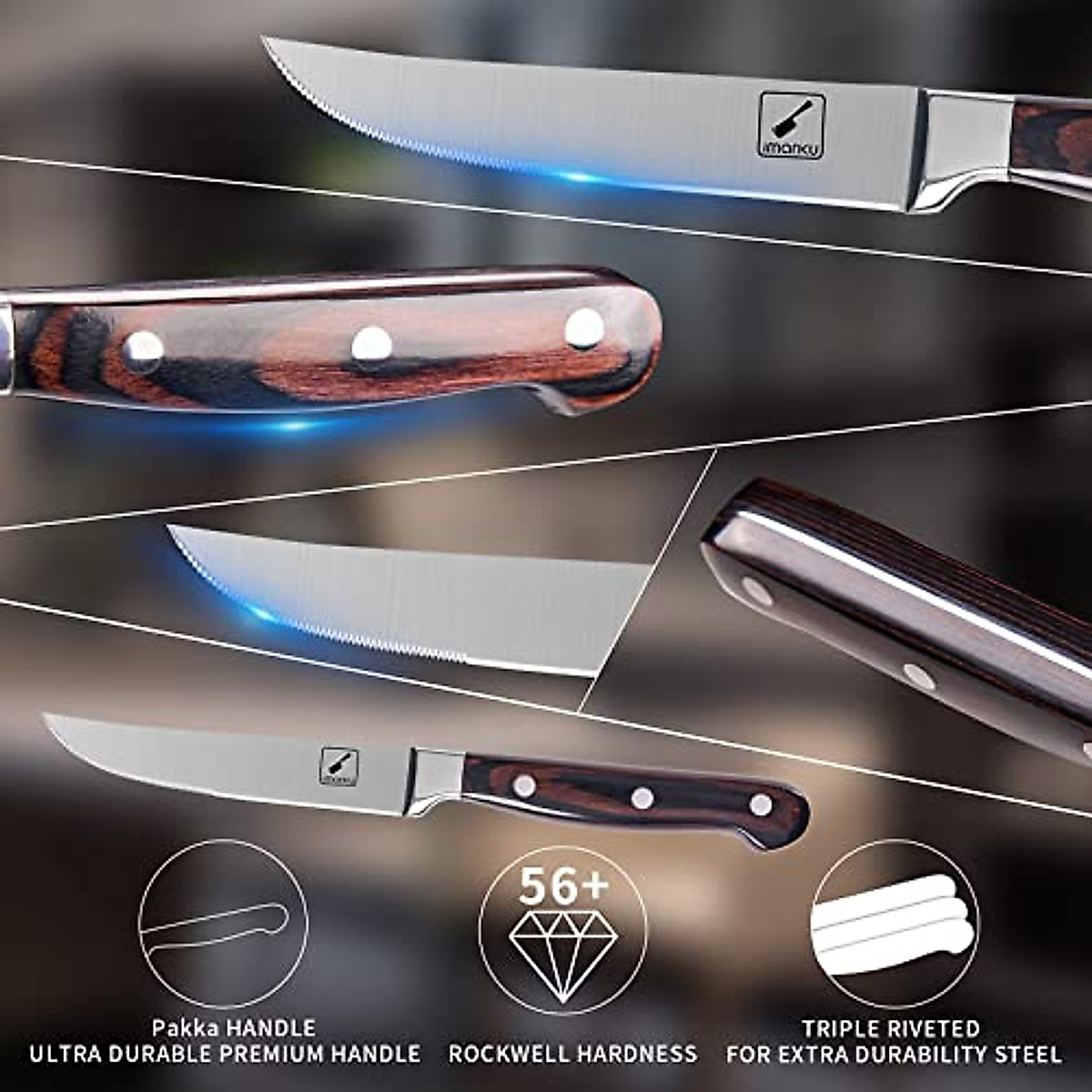 imarku Steak Knives, Steak Knives Set of 6, Premium Japanese Stainless Steel Steak Knife Set, Super Sharp Serrated Steak Knife with Pakkawood Handles and Gift Box