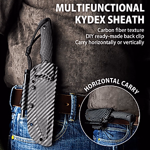 LOTHAR KA52 Fixed Blade Knife, Sharp D2 Steel Blade Survival Knife with Kydex Sheath, Hunting Knives with G10 Handle, Camping Bushcraft Knife for Outdoor, Camping Gifts For Men