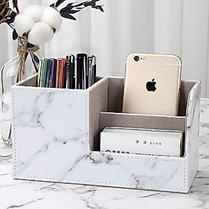 KINGFOM Desk Organizer Office Supplies Caddy Pu Leather Multi-Function Storage Box Pen/Pencil,Cell Phone, Business Name Cards Remote Control Holder Gray Marble