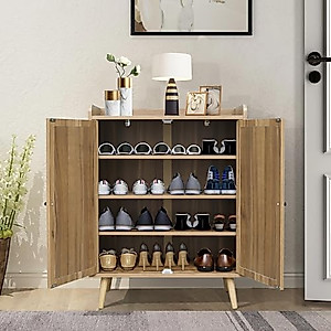 wirrytor Rattan Shoe Cabinet,16 Pairs Shoe Storage Cabinet with 2 Rattan Doors,4-Tier Modern Entryway Organizer Cabinet,Freestanding Shoe Rack Organizer Cabinet for Closet Hallway Living Room,Walnut