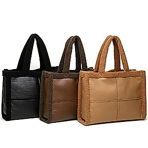 Like Dreams Women Soft Sherpa Tote Vintage Vegan Leather Winter Fashion Large Handbag Purse (Camel)