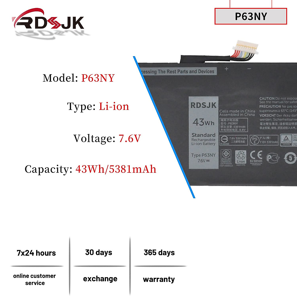 RDSJ P63NY Laptop Battery for Dell Latitude 13 7370 Latitude 7370 E7370 Series N3KPR 4H34M 0N3KPR XCNR3 04H34M 0XCNR3 WY7CG G7X14 0G7X14 MH25J 0WY7CG 7.6V 43Wh