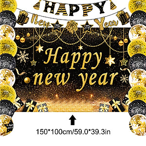 New Year Decorations Kit, Black Bunting and Gold Alphabet Balloons, Cake Topper and Photo Booth Props, Eve Party Decor for Home and School Gatherings, Festive Backdrop for Celebrations