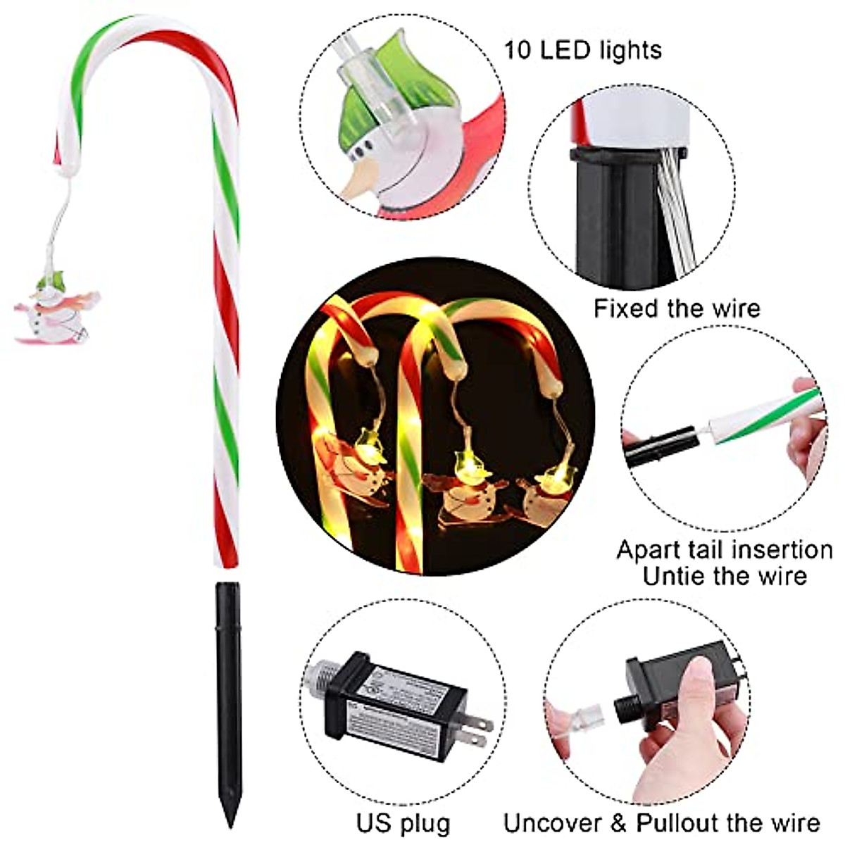 10pcs Christmas Candy Cane Lights 20” LED Christmas Candy Cane Pathway Marker Lights,Christmas Stakes Lights for Xmas Holiday Party Walkway Patio Garden Decor