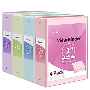 SUNEE 3 Ring Binder 2 Inch 4 pack, 2" Clear View Binder Three Ring PVC-Free (Fit 8.5x11 Inches) for School Binder or Office Binder Supplies, Assorted Pastel Binder