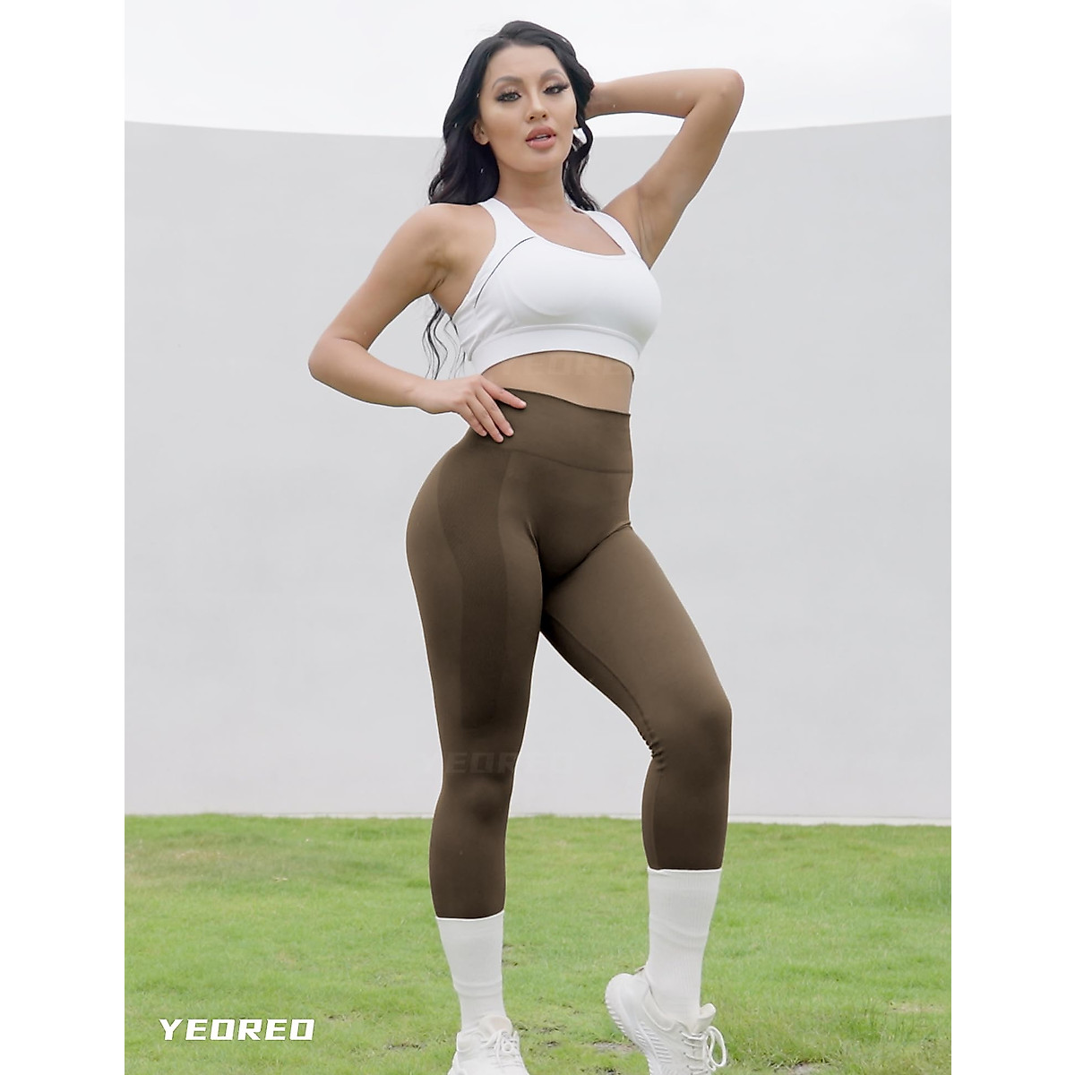 YEOREO Amplify Leggings for Women Seamless Scrunch Leggings Butt Lifting Gym High Waisted Athletic Leggings Coffee