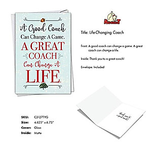 NobleWorks - 1 Thank You Notecard for Teacher - Team Sports Gratitude, Student Athlete Appreciation Card with Envelope, Notes for Mentors and Instructor - Life-Changing Coach C3127TYG