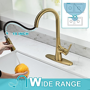 FROPO Brushed Gold Kitchen Faucet, Single Handle Gold Kitchen Sink Faucet with Pull Down Sprayer Modern Stainless Steel Brass Kitchen Faucet with Deck Plate Power Clean Spray Head 1 or 3 Hole