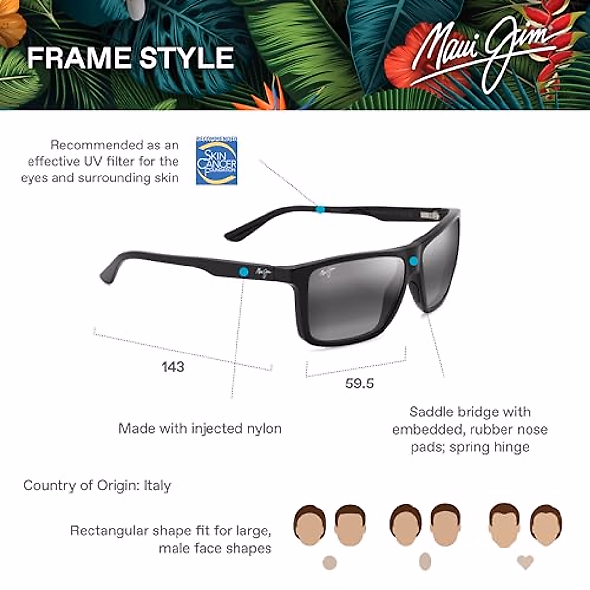 Maui Jim Mamalu Bay Rectangle Sunglasses, Gloss Black/Neutral Grey Polarized, Large