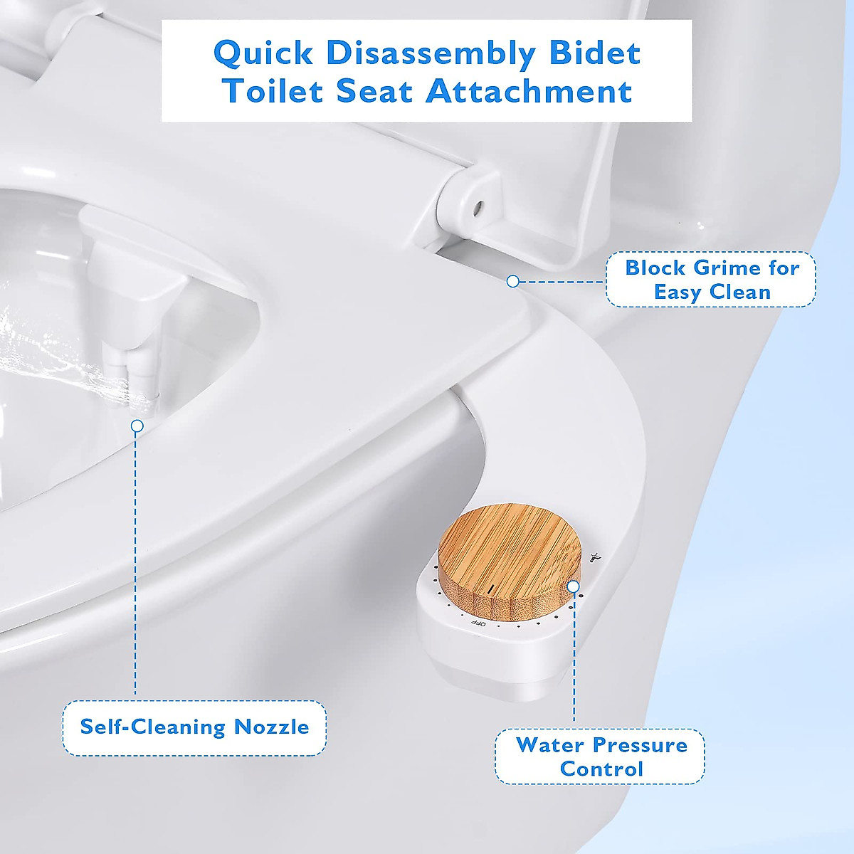 Bidet Toilet Seat Attachment - Self Cleaning Water Sprayer +Adjustable Pressure Nozzle, Easy Install (Classic, White/Bamboo)