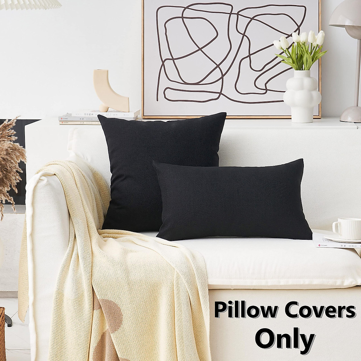 Home Brilliant Throw Pillow Covers 18 x 18 inch Set of 4 Decorations Lined Linen Square Throw Pillow Cases for Couch, 45cm, Black