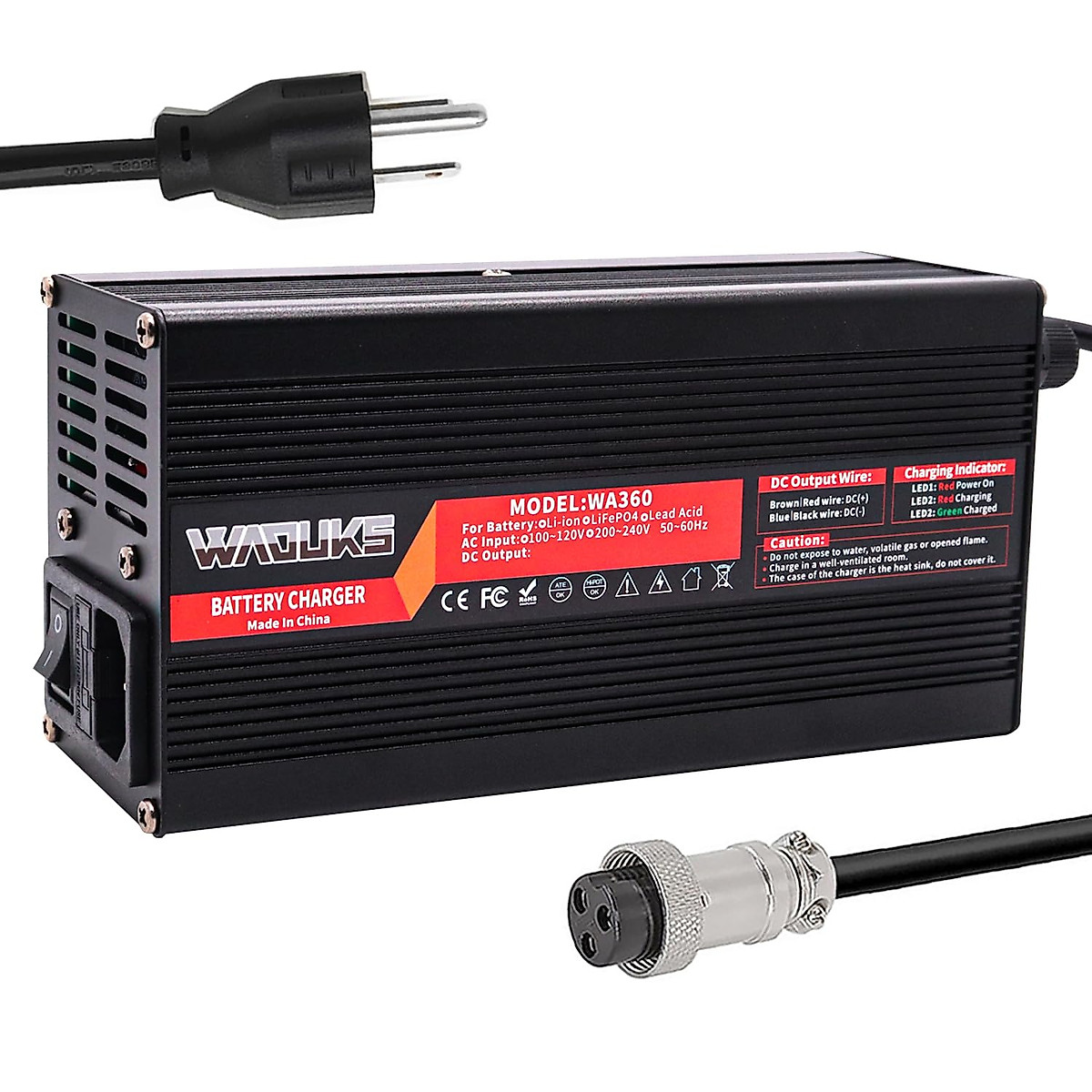 58.8V 5A Charger 52V Li-ion Battery Charger Black Aluminum Case with Cooling Fan Output GX16-3pin Connector Used for 14S 52V Lithium Battery Pack 52V Smart Charger